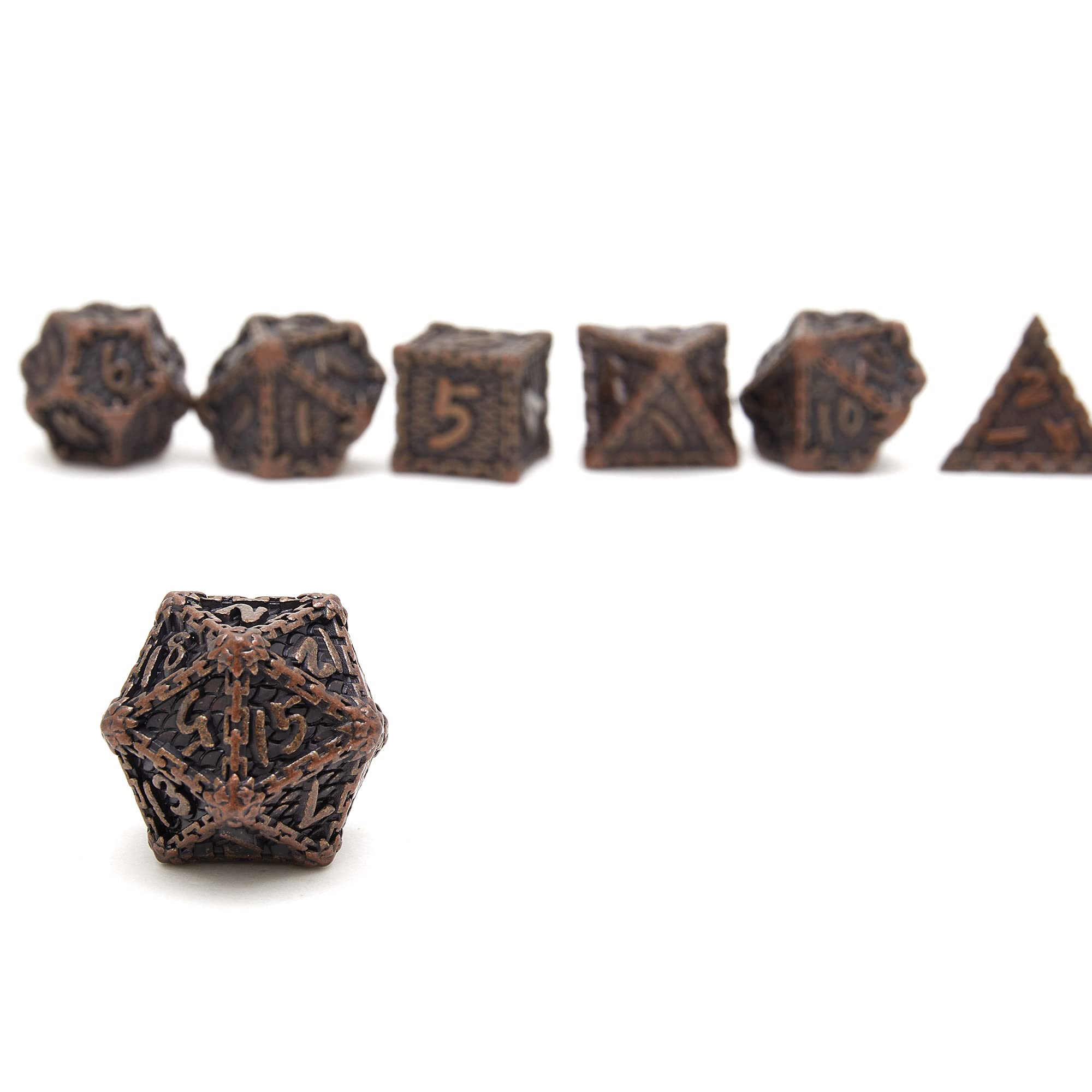 Tbrand Metal dice 7-Piece polyhedral Dragon Scale Metal dice Suitable for Dungeons and Dragons RPG dice(Patina), Red