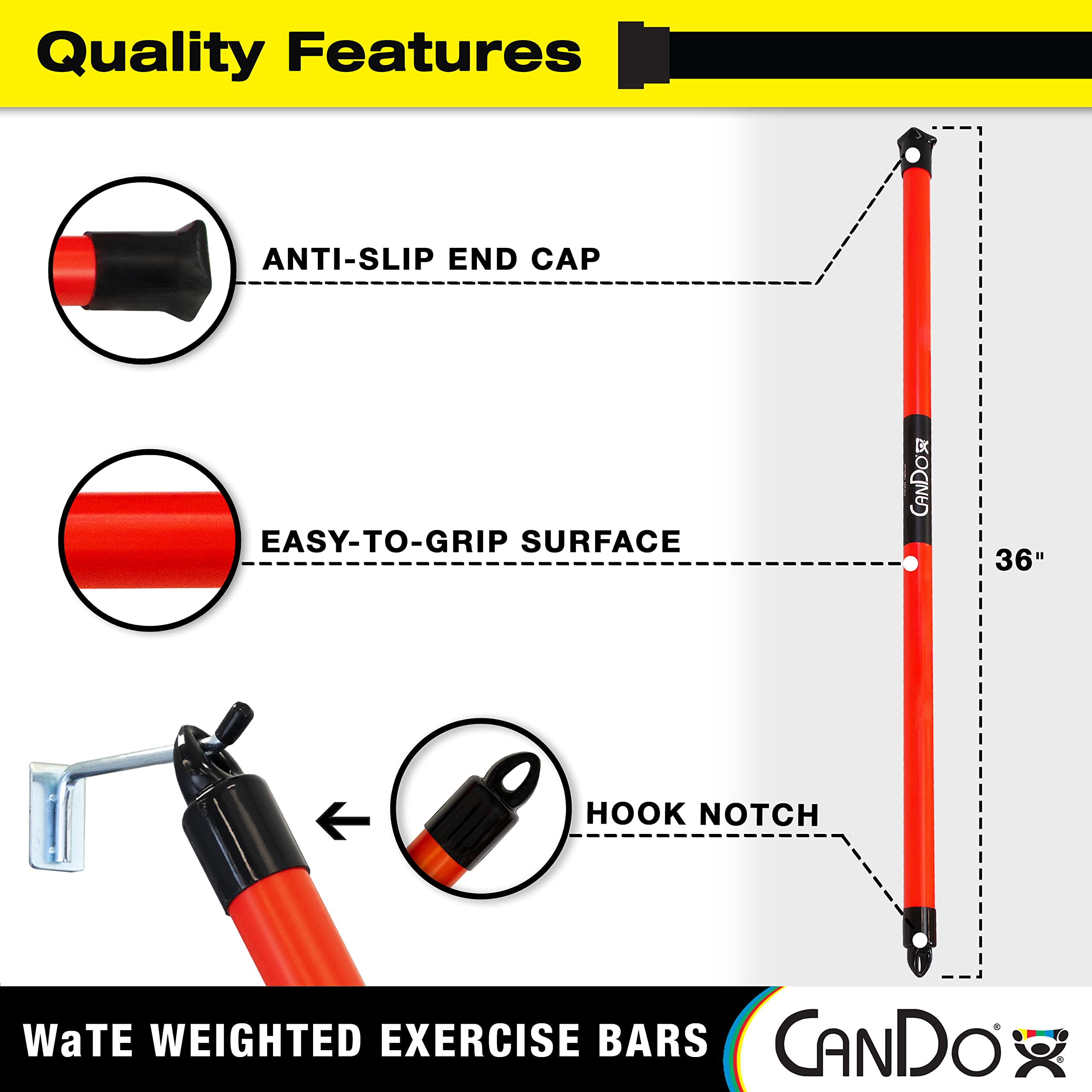 CanDo Slim WaTE Bar 1lb Tan, Total Body Workout Weighted Exercise Bar for Strength Training, Toning, and Physical Therapy