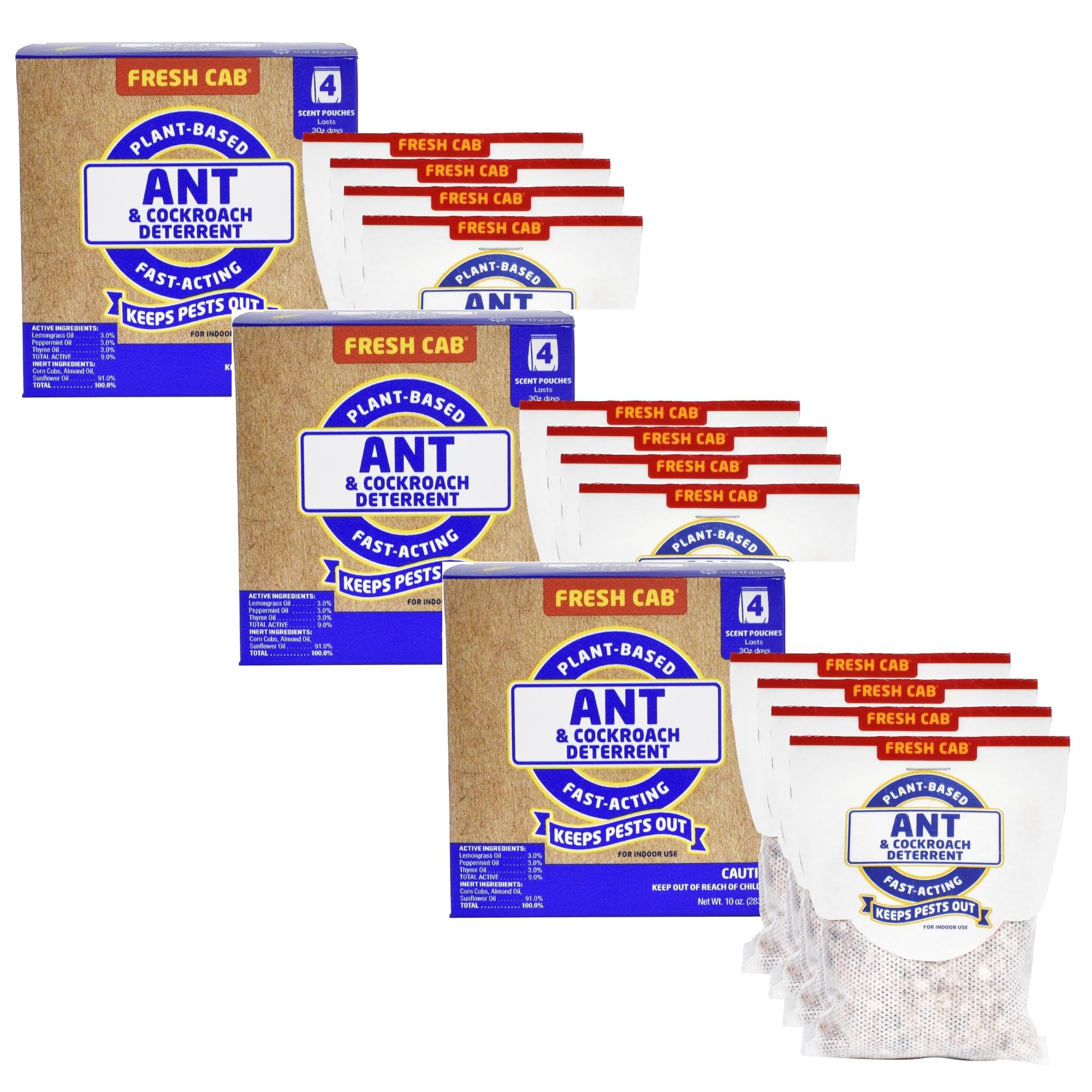 Fresh Cab Ants & Cockroaches Deterrent - Indoor Botanical Pest Control - Safe for Kids & Pets When Used as Directed - Made with Peppermint Essential Oil - 12-Pack (3)