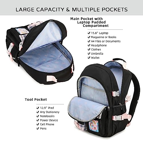 Hey Yoo Cute Backpack for School Backpack for Girls Backpack with Lunch Box Bookbag Set Kids Backpacks for Teen Girls (Black)