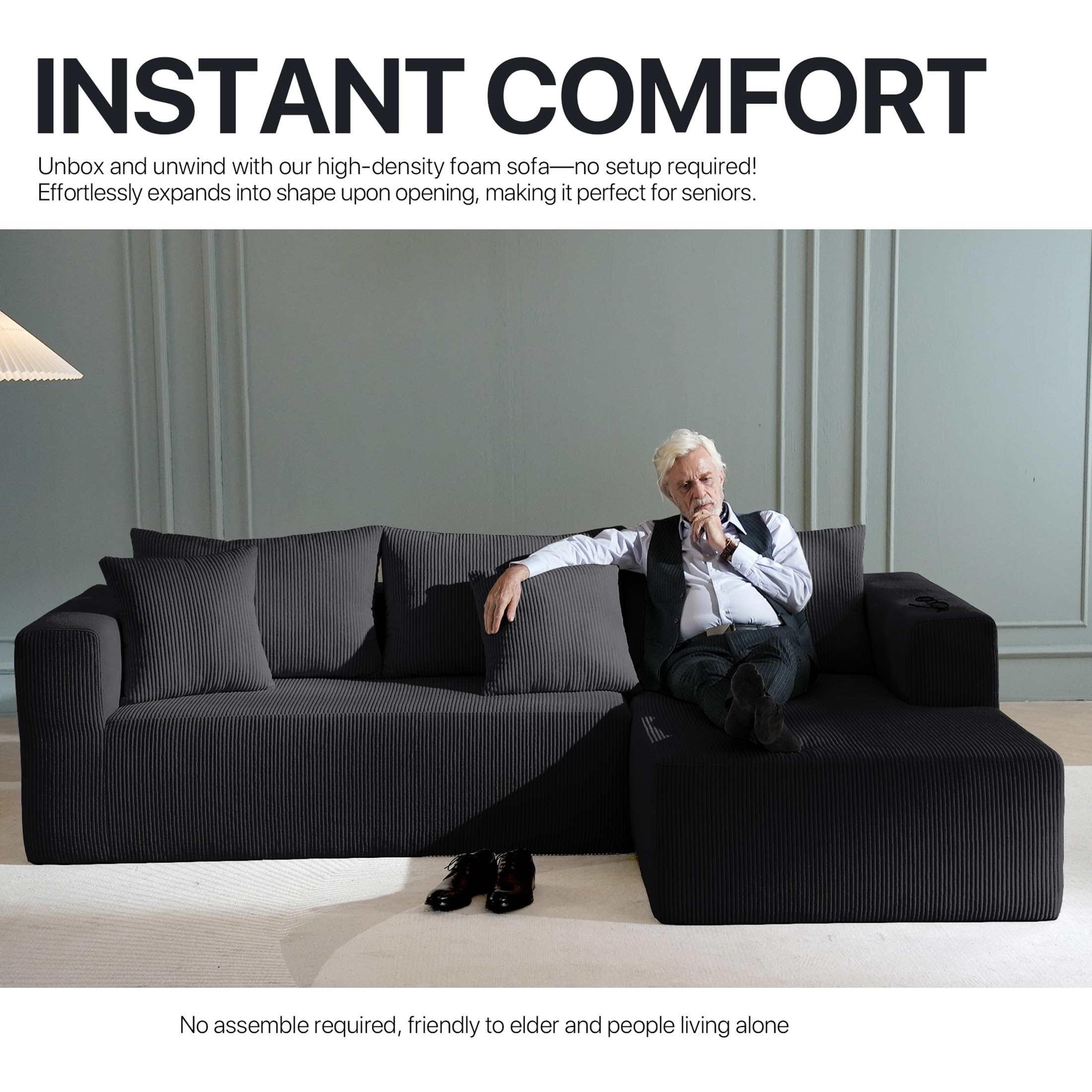 FOCALSWEET 105'' Sectional Sofa, Cloud Couch with L-Shape Chaise, Modern Modular Couches with Deep Seat, No Assembly High-Density Sponge Corduroy Fabric Sofa with 5 Pillows for Living Room, Black