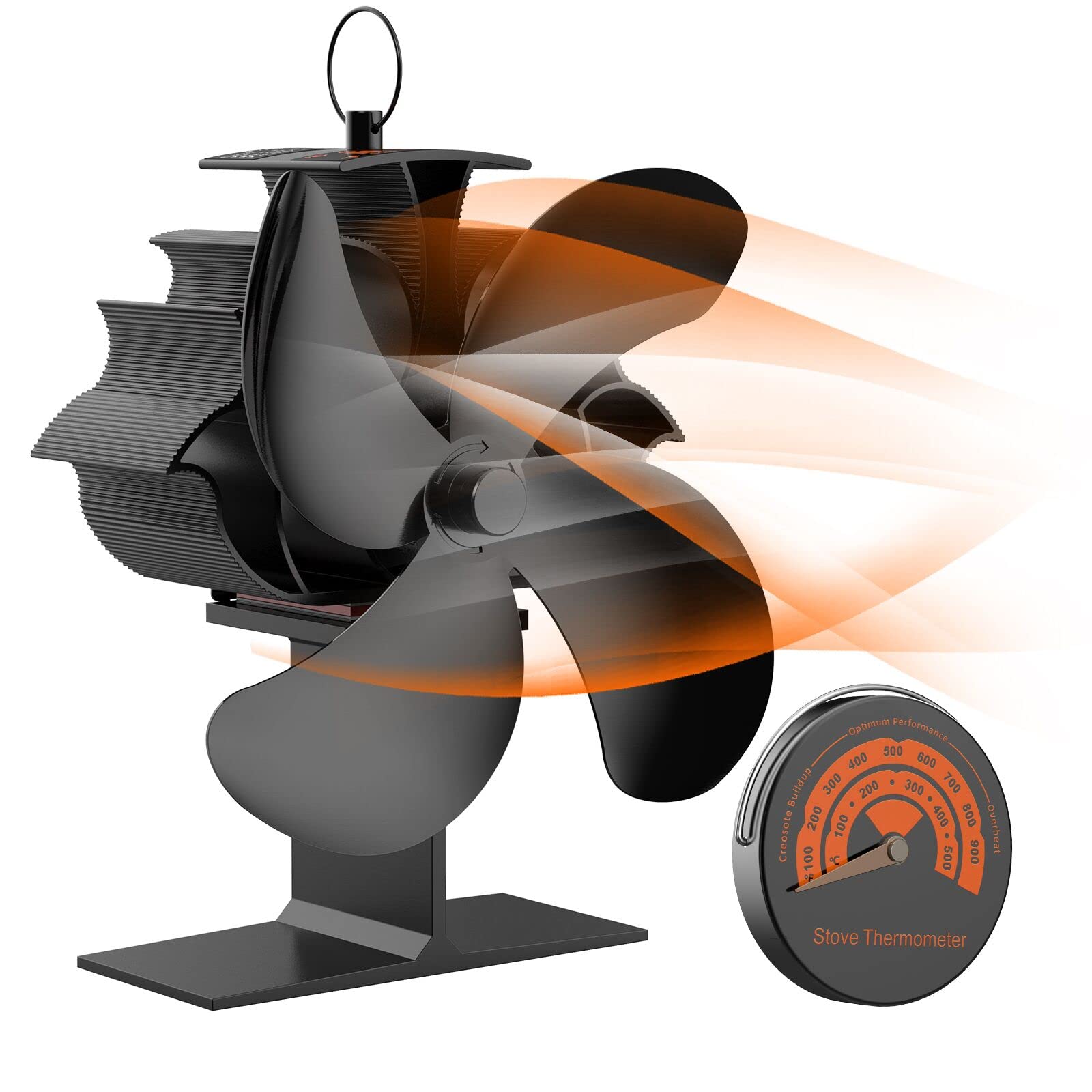 Sterktlys Wood Stove Fan, 4-Blade Heat Powered Stove Top Fan with Temperature Label, Magnetic Stove Thermometer, Efficient Heat Distribution & Silent Operation, for Fireplace, Log Burner, Pellet Stove