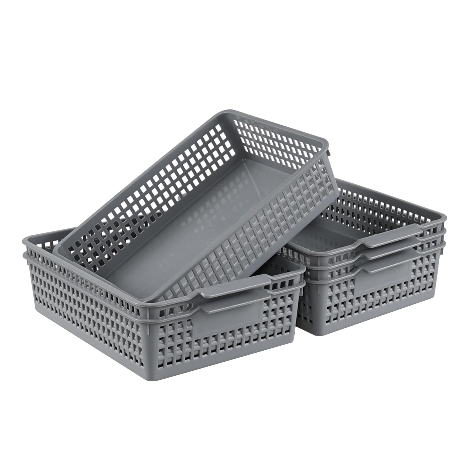 Knifefish 6 Packs Plastic Storage Baskets, Paper Organizer Baskets , Shallow Storage Basket Trays, Grey