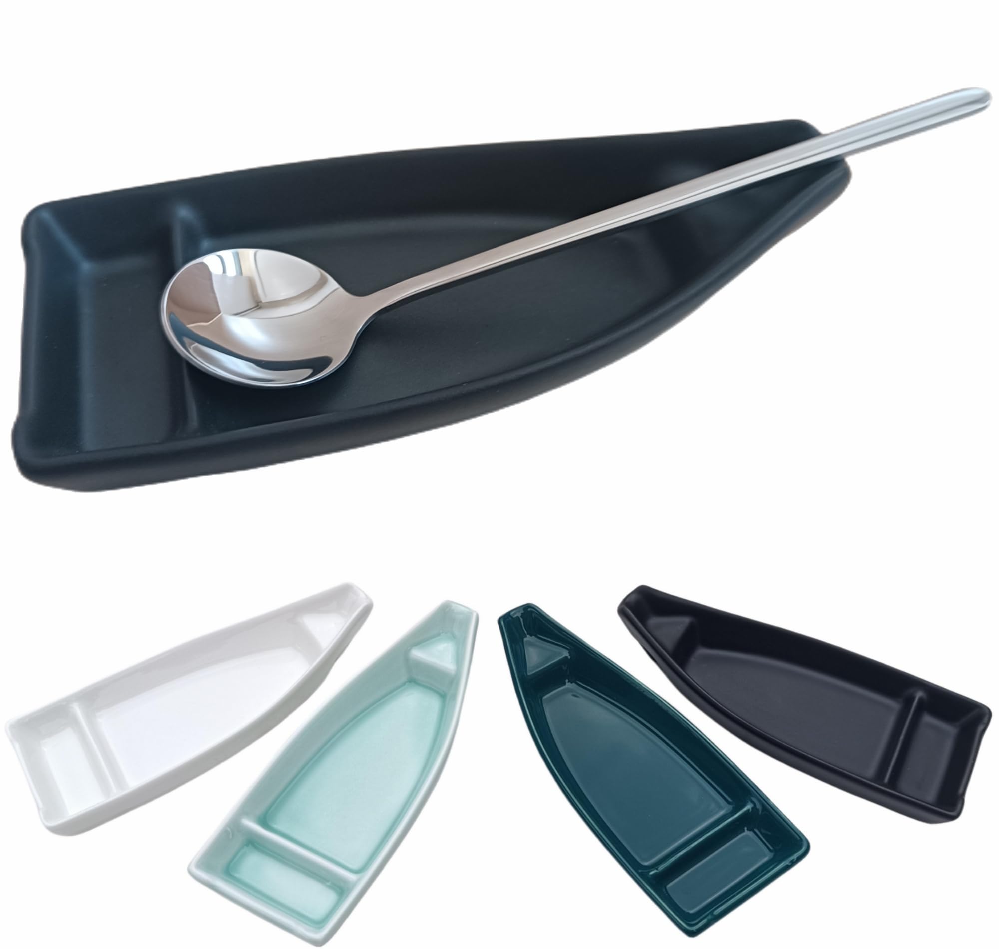 Coffee Spoon and Rest for Coffee Bar, Boat Small Spoon Rest for Coffee Station, Coffee Spoon Holder for Coffee Bar, Tea Spoon Rest Teaspoon Rest with Spoon (Matte Black + Round Spoon)
