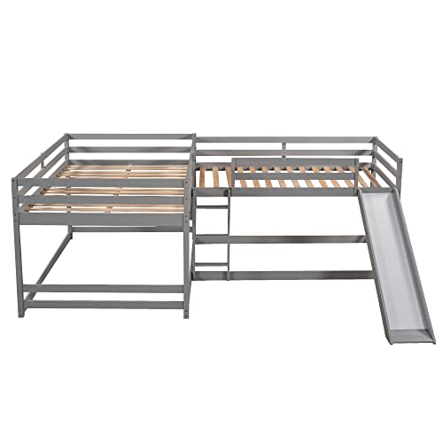 MERITLINE Quad Bunk Beds,Wood L-Shaped Bunk Beds with Slide and Ladder, 4 in1 Full and Twin Size Bunk Bed for Kids, Teens, Adults,Grey