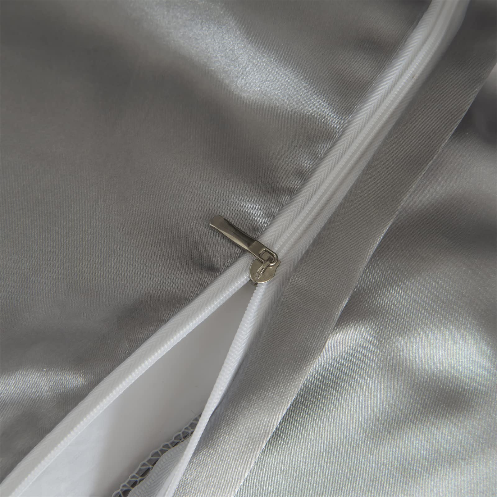 Herside Satin Duvet Cover Queen Grey Silk Like Satin Bedding Set Pom Pom Fringed Silky Duvet Cover with 2 Pillowcases -Grey, Queen