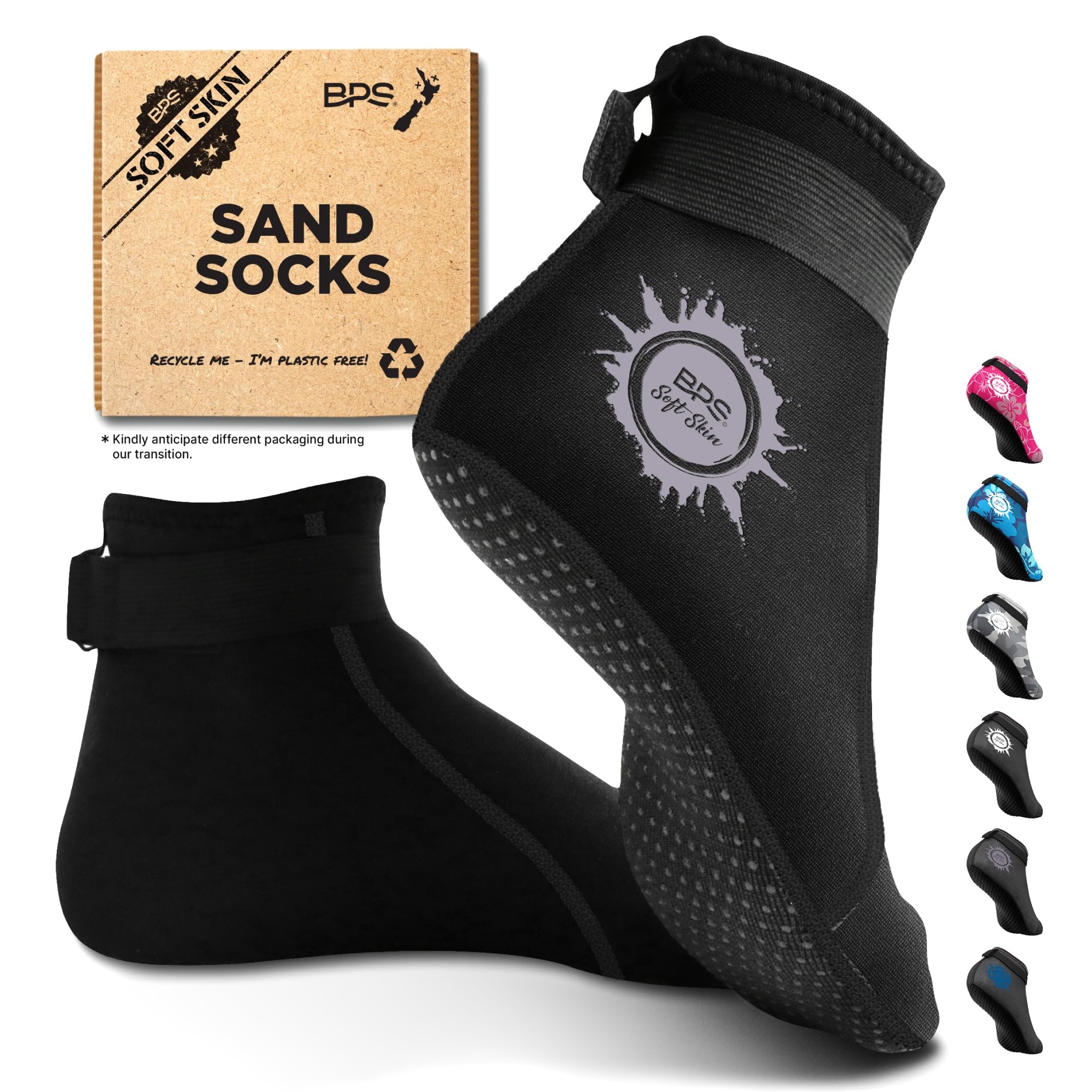 BPS - 'SOFT SKIN' Neoprene Water Socks (Low Cut) - Black w/Lilac Grey Logo - L