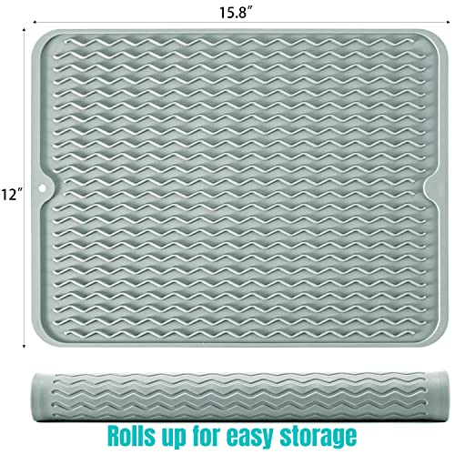 Silicone Dish Drying Mat for Kitchen Counter- Eco Friendly Food Grade Silicone Drying Mat - Easy to Clean Heat Resistant Dish Mat - Large (12" x 16") - Gray