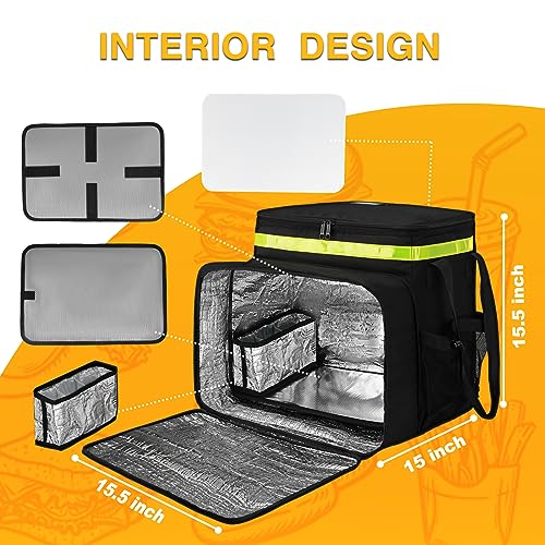 Ytonet Food Delivery Backpack, Expandable Insulated Food Delivery Bag for Delivery Bike, Large Waterproof Pizza Bags For Delivery Keeping Hot Cold with Reflective Strip, 3 Internal Holders, 4 Mesh Pockets for Uber Eat, Outdoors, Doordash, Black