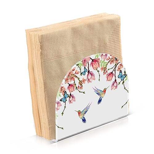 Napkin Holder, Clear Acrylic Paper Napkin Holders Tropical Flowers Butterfly Hummingbird Tissue Box Dispenser Stand Tabletop Space Saver Upright Napkin Towel Holders for Kitchen Restaurant Home Decor