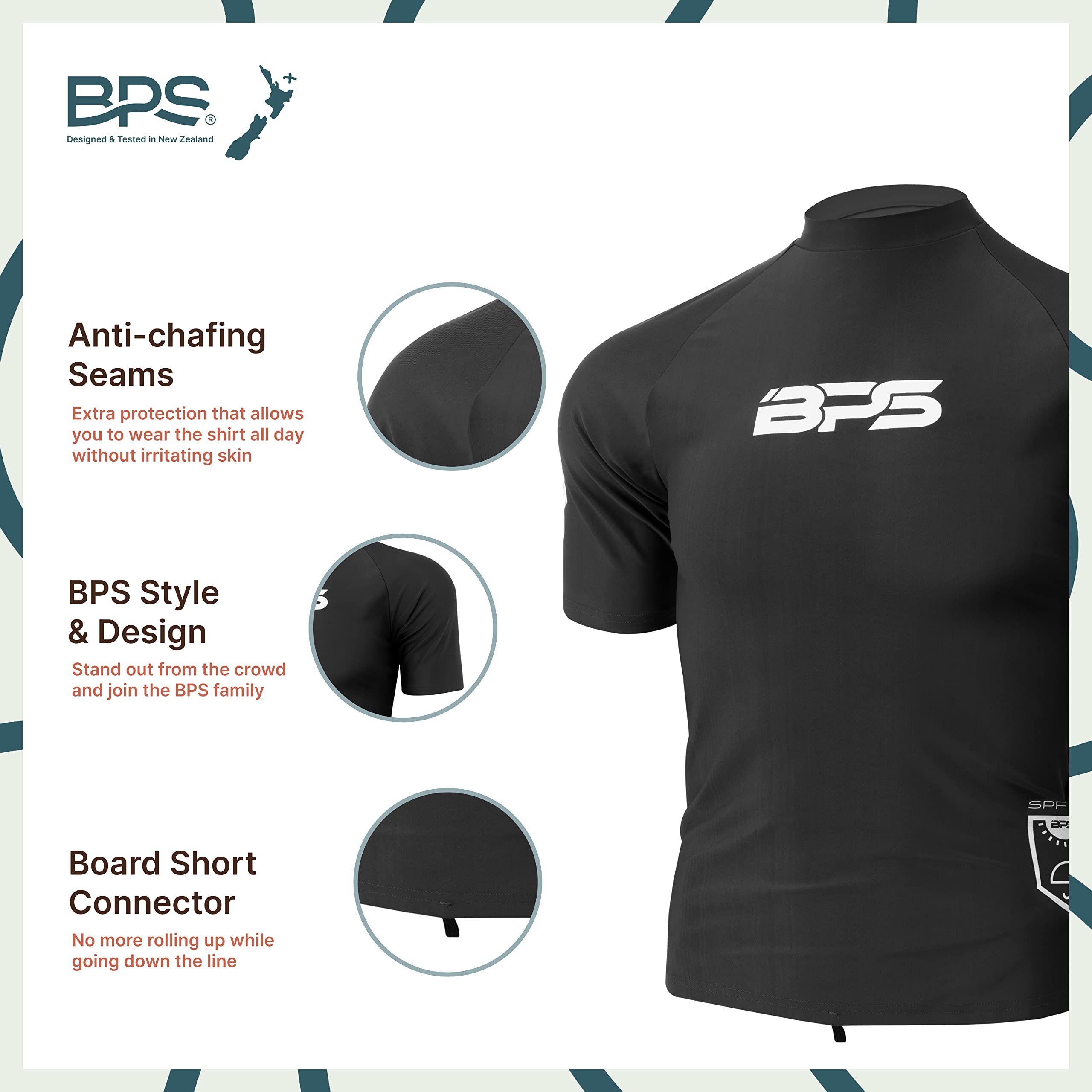 BPS Men's Short Sleeve Swim Shirt/Rash Guard with Sun Protection (Black, XL)
