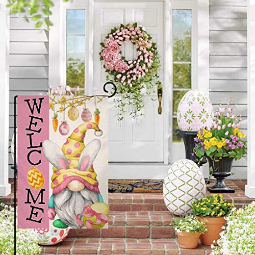 Easter Gnome Garden Flag 12x18 Vertical Double Sided Welcome Spring Easter Eggs Farmhouse Holiday Outside Decorations Burlap Yard Flag BW246