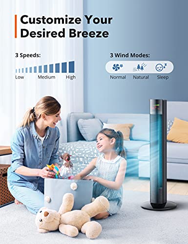 Mirdred Tower Fan with Remote, 36” Bladeless Fan, 70° Oscillating Fan for Bedroom, 3 Speeds, 3 Modes, 12H Timer, LED Display, Quiet Cooling Standing Floor Fans for Home Living Room Office, Black