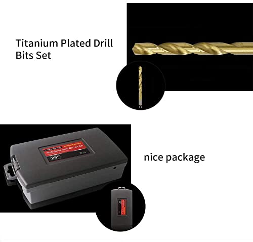 Monster & Master Titanium-Plated Drill Bit Set, High-Speed Steel Gold Drill Bits with 135-Degree Bifurcated Tip, 1/16"to 1/2", Long Twisted Metal Jobber Bit, 29-Piece