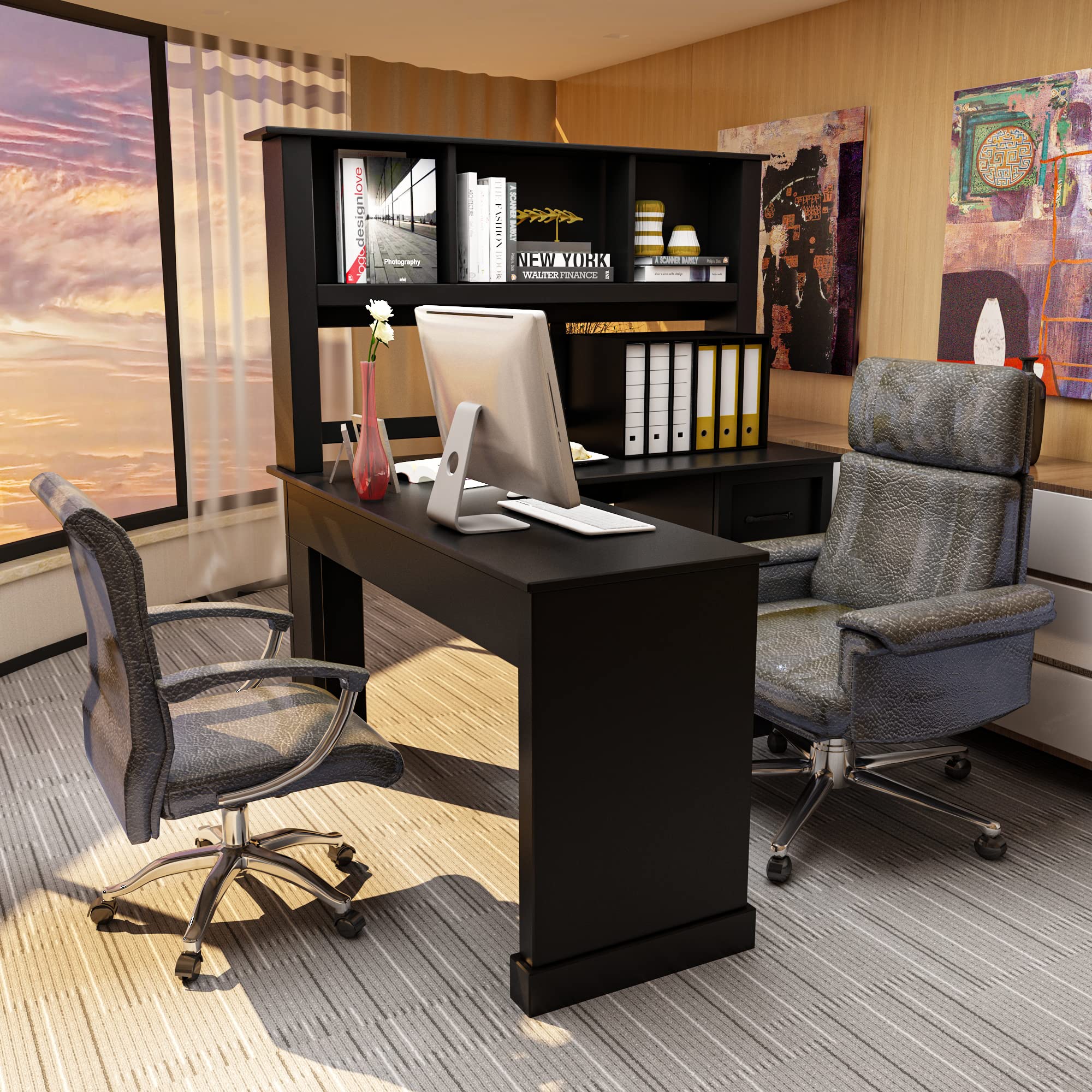 WERSMT L Shaped Computer Desk with Drawers Corner Desk Large Storage Gaming Desk Home Office Desks with Bookshelf Easy to Assemble, Black