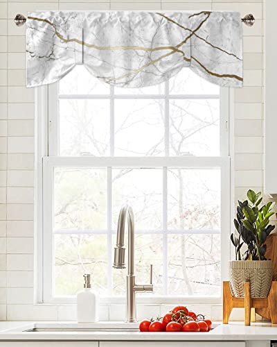 Yun Nist Tie Up Curtain Valance for Kitchen,White Marble Gold Crack Inlay Window Valances Adjustable Tie-up Shade Valance,Fashion Abstract Geometric Art Rod Pocket Short Curtains for Bathroom 42x12in