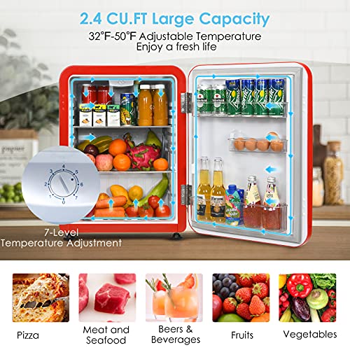 COSTWAY Compact Refrigerator, 2.4 cu ft. Single Door Small Fridge with Auto Defrost, Adjustable Temperature 32℉ to 50℉, Reversible Door, Removable Glass Shelves, Mini Fridge for Bedroom, Apartment, Red