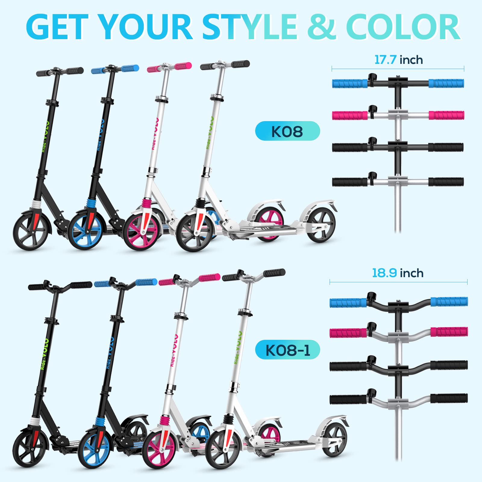 RideVOLO K08-1 Kick Scooter for Teenager 8 Years and up with 8” Wheels and 3 Adjustable Height, Folding System and Suspension System(Blue)