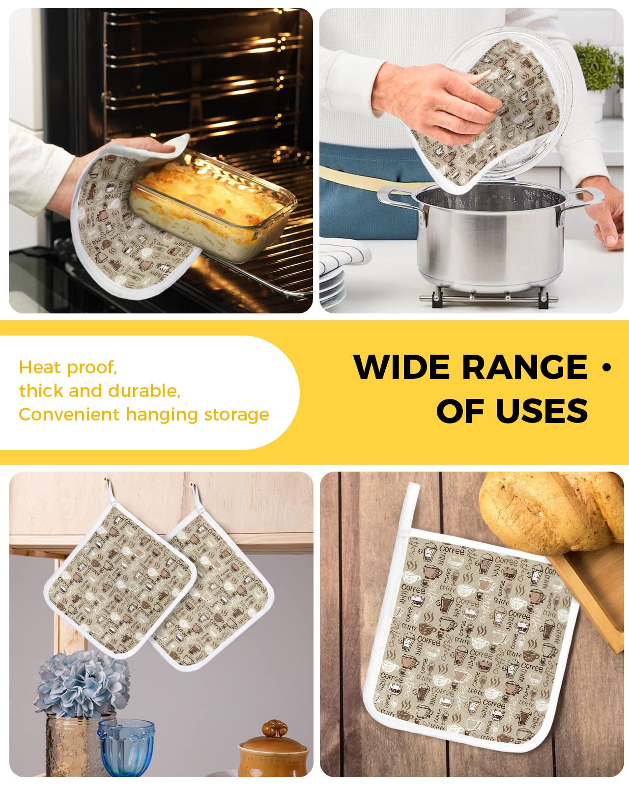 Coffee Theme Pot Holders for Kitchen Heat Insulation, Vintage Khaki Coffee Time Coffee Beans Potholders Hot Pads with Hanging Loop, Washable Oven Mitts Pot Holder Trivet for Cooking Baking 4 Pack
