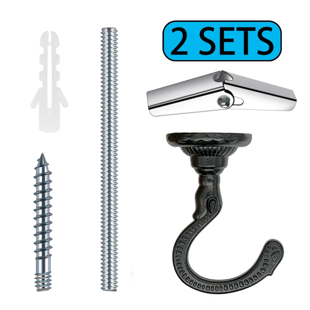 Evsteluo Large Swag Ceiling Heavy-Duty Hooks with Complete Hardware Kit - Ideal for Hanging Plants, Ceiling & Drywall Installation (2 Sets Black)
