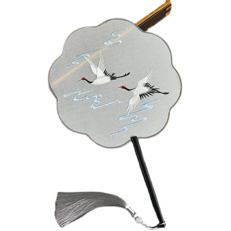 DTBBKsy Chinese Style Classical Ancientry Long Handle Double Sided Embroidery Machine Embroidery Circular Fan Han Chinese Clothing Hand Fan Folding Fan (Color : A)