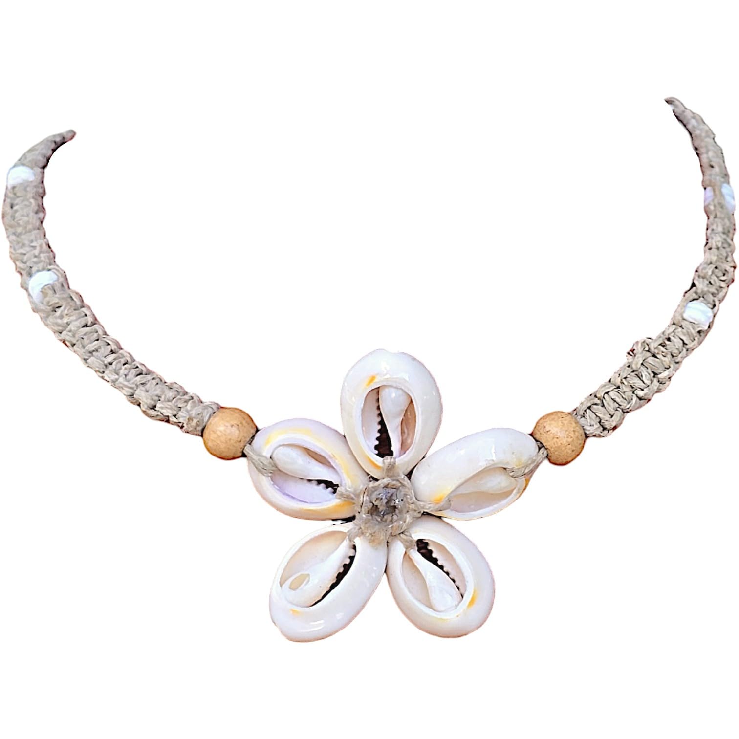 BlueRica Cowrie Shells Flower Pendant on Braided Hemp Cord Choker Necklace with Puka Shell Beads