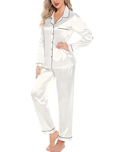 Leikar Silk Satin Pajamas Long Sleeve Pajama Sets For Women Soft Bride Pajamas Sleepwear White