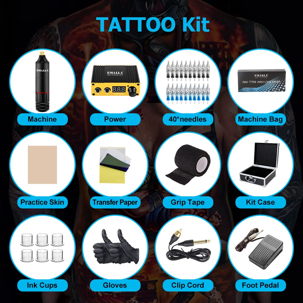 Emalla Tattoo Machine Kit - Professional Tattoo Machine Kit with Power Supply 1Pc Tattoo Machine Pen 40Pcs Tattoo Cartridge Needles and Other Accessory for Beginners or Artists