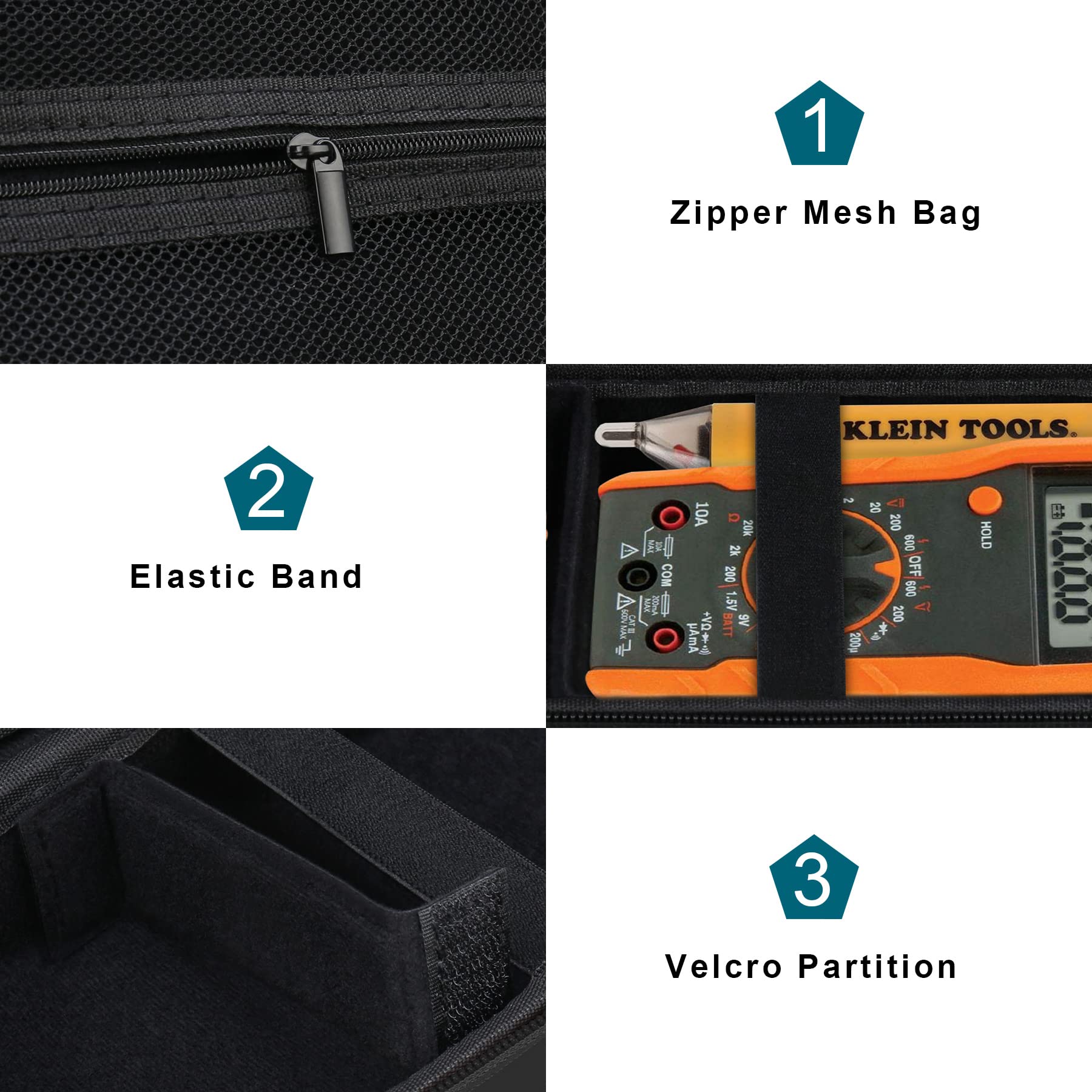 Canboc Hard Travel Carrying Case, Storage Bag fit Digital Multimeter, Mesh Bag fit Cable, Black+Black