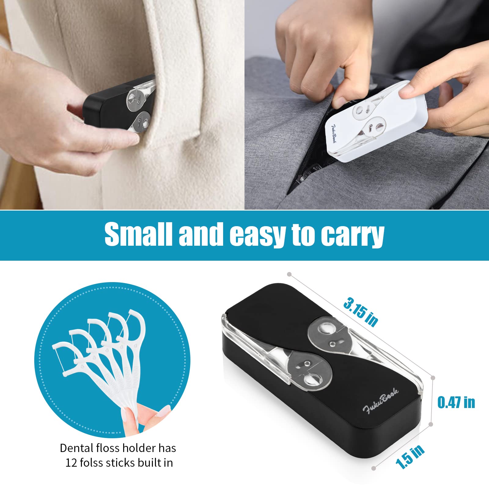 Dental Floss Portable Case Dental Floss Dispenser Automatic Dental Floss Picks Cases for Teeth Cleaning,Specialized Floss(Black+White)
