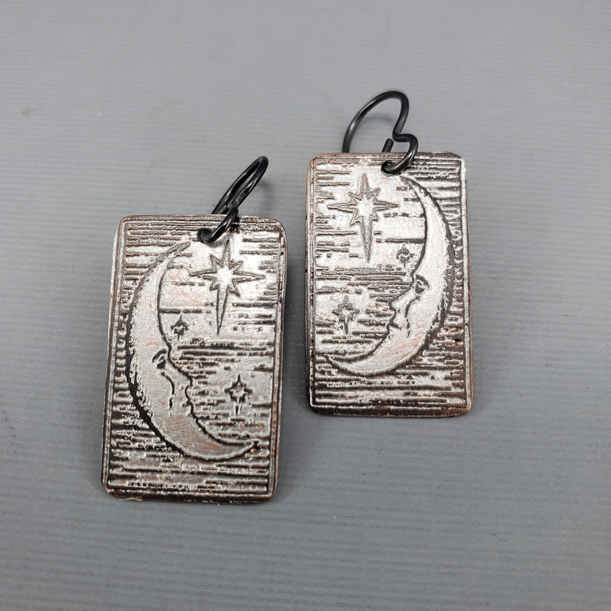 Celestial Moon Earrings Moon Beam Earrings Tarot Card Moon Earrings Silver Moon Earrings Etched Recycled Copper