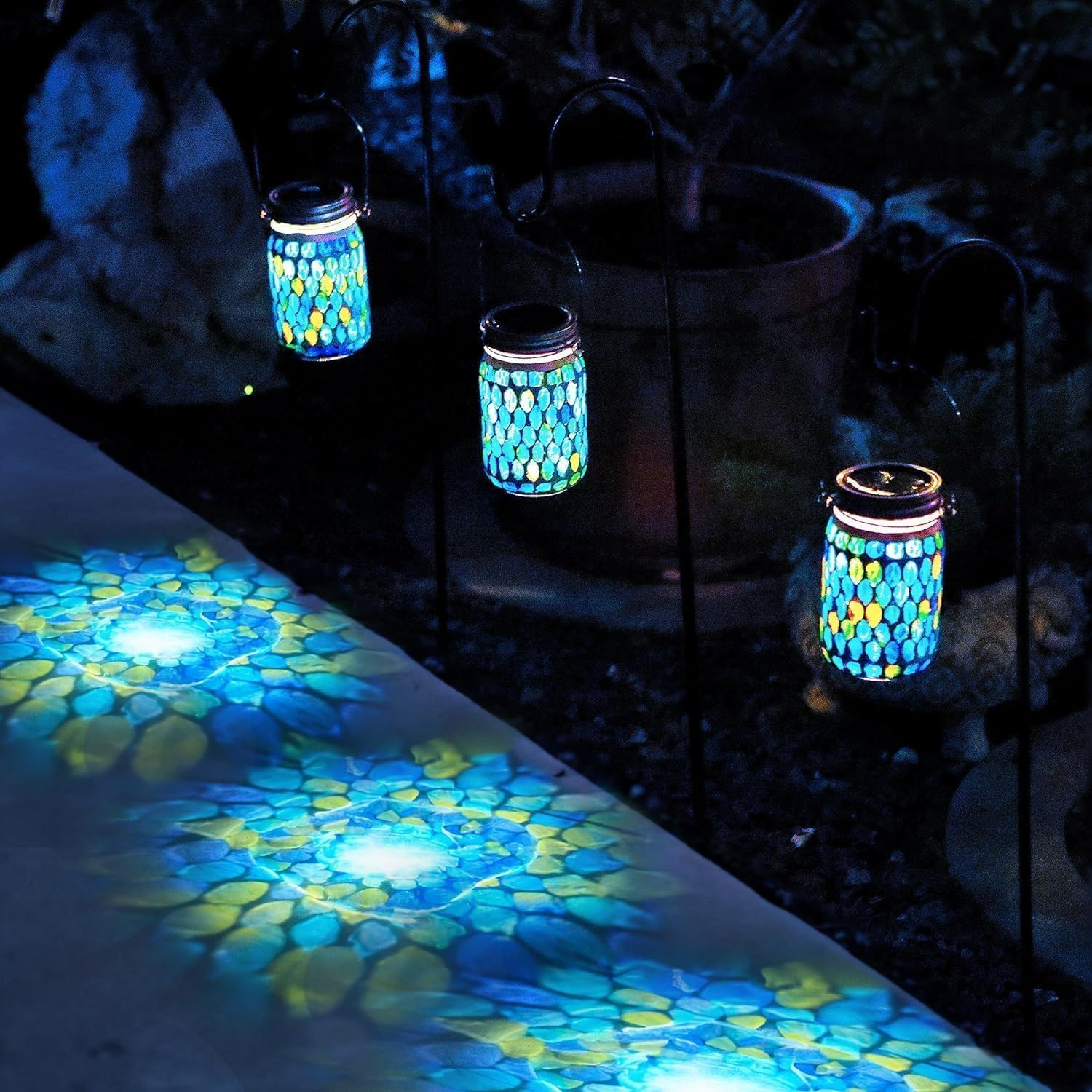 Cooo Solar Lanterns Outdoor Waterproof Jar Lights Solar Powered Table Hanging Garden Backyard Decor Lamps (Bohemian Bule Mosaic, 2)
