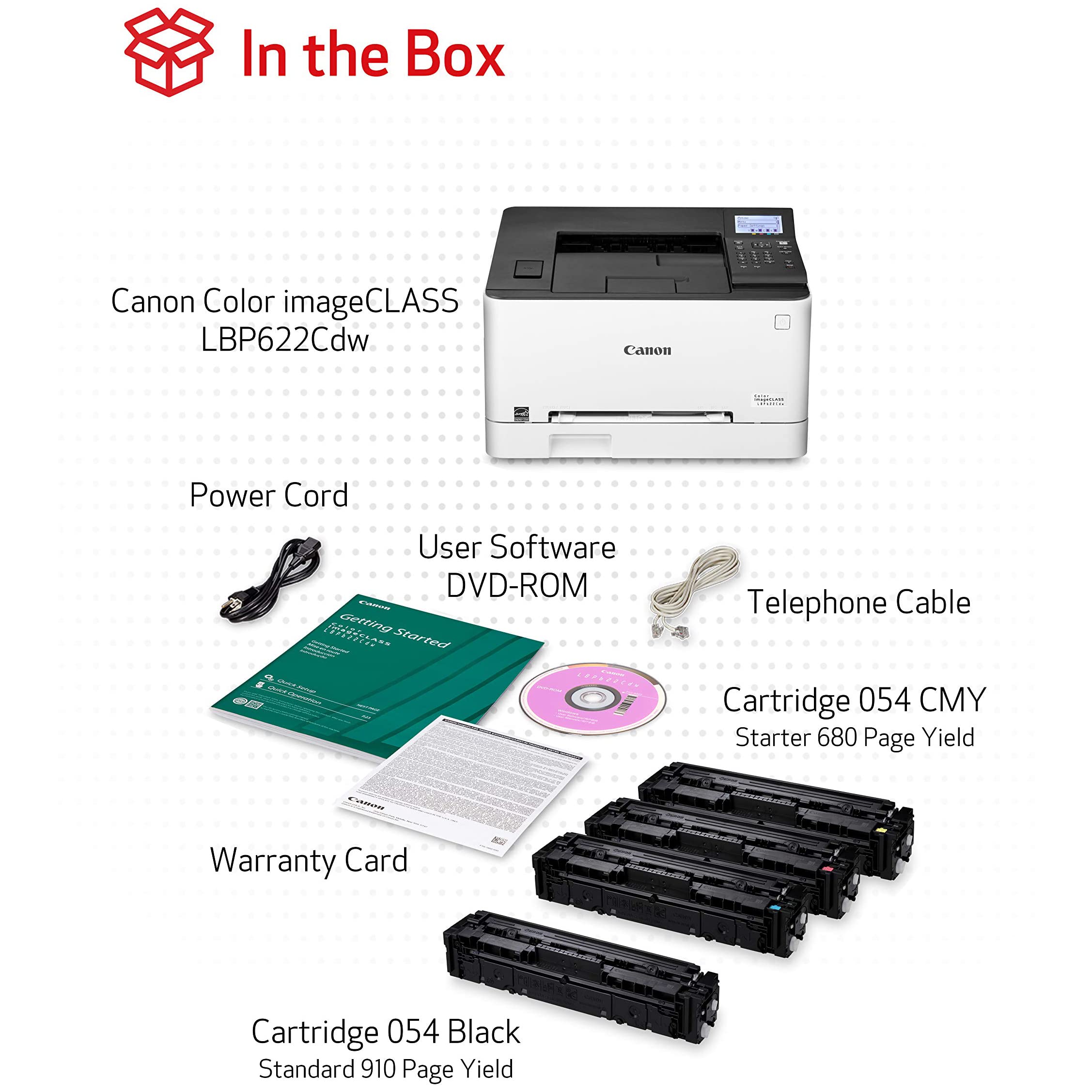 Canon Color imageCLASS LBP622Cdw Wireless Single-Function Laser Printer - Print only - 5-line LCD, 22 ppm, 600 x 600 dpi, 1GB Memory, Auto 2-Sided Printing, 8.5 x 14, USB, Ethernet