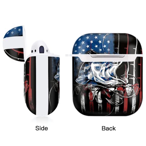 Fishing American Flag USA Bass Fish for AirPods Case Cover for Airpods 1&2, Wireless/Wired Charging Protective AirPods Case with Keychain White