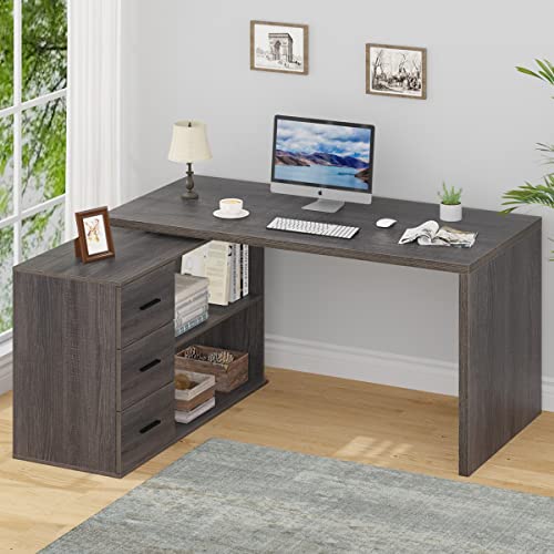 HSH L Shaped Desk with Drawers, L Shape Computer Desk with Storage Cabinet Shelves, Reversible Modern Industrial Home Office Corner Desk, Rustic Wood Executive Writing Gaming Study Table, Gray 55 Inch
