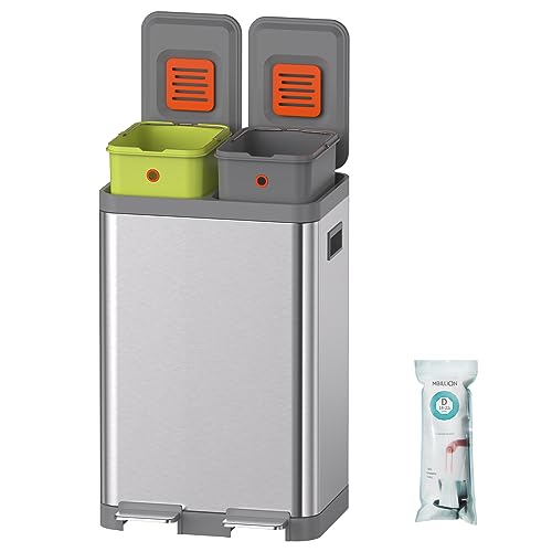 Mbillion Trash Can 5.3+5.3Gal, Kitchen Garbage Can with 2 Compartments,Large Stainless Steel Recycle Trash Can with 2 Removable Plastic Inner Buckets, Quiet Close Step Trash Can(20+20L Silver)