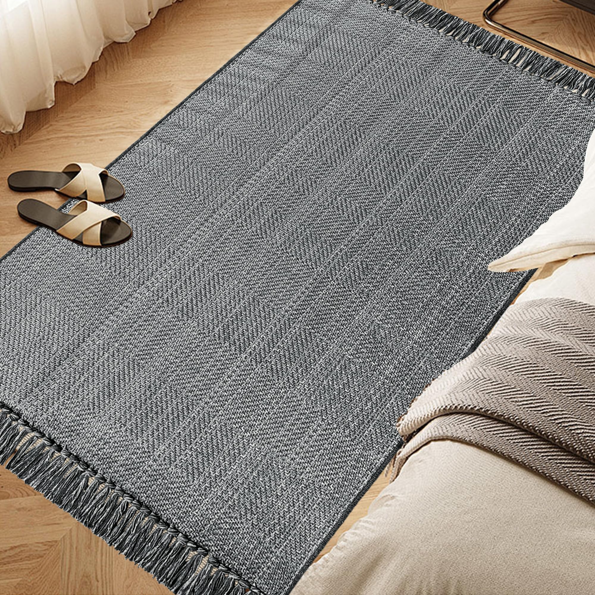 Nafell 3x5 Washable Entryway Rug - Small Boho Kitchen Area Rug with Tassel, Washable Bathroom Rug for Entryway Kitchen Indoor Bedroom, Hand-Woven, Cotton