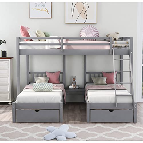MOOLO 3-1 Full Over Twin, Twin Bunk Bed, Wood Triple Bunk Bed with Drawers and Guardrails for Kids Teens Adults(Color:Gray)