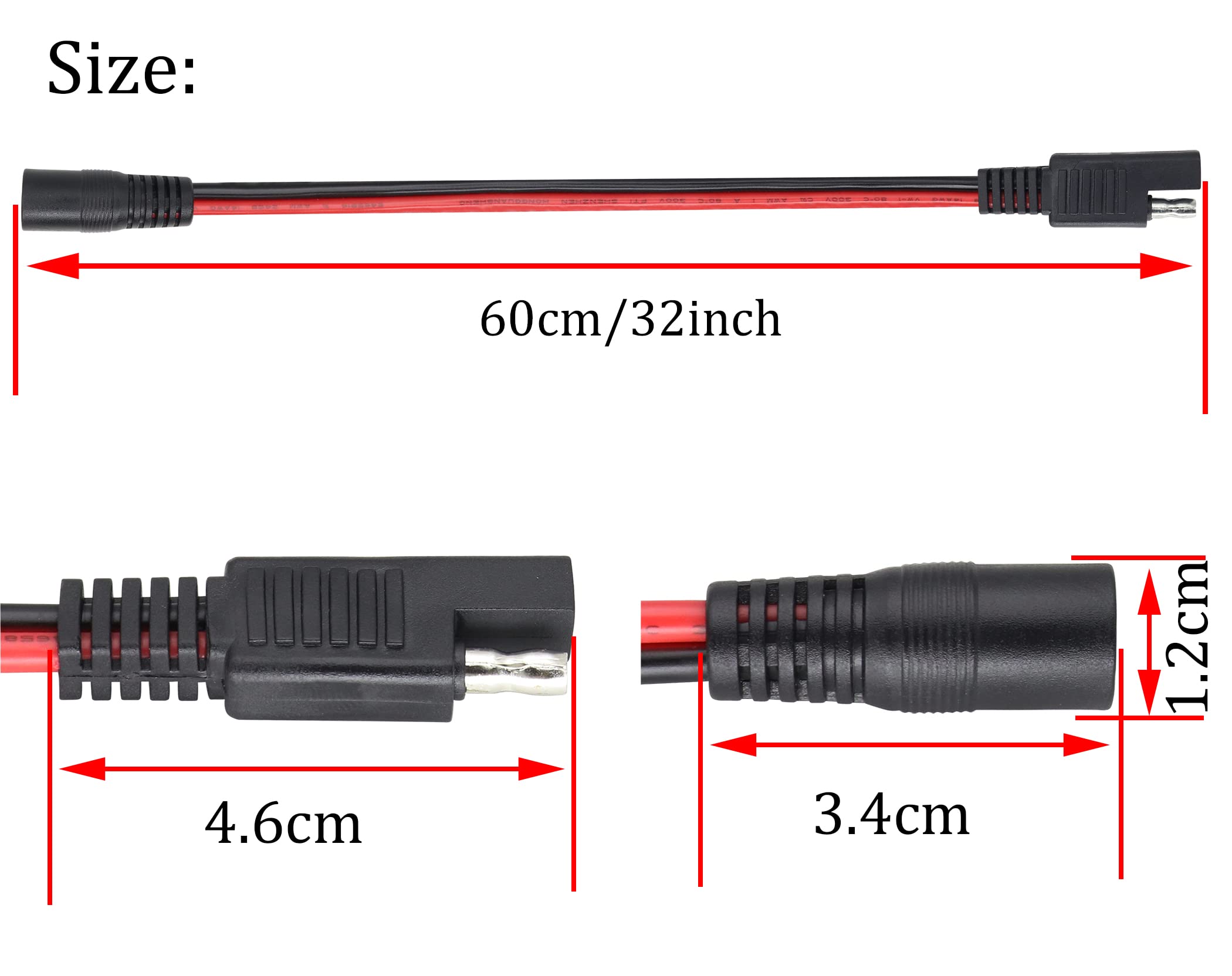 HCFeng 14AWG SAE to DC Power Cable SAE to DC5521 Female Adapter Cable withDC8*0.9/6.5*3/5.5*2.5/4*1.7/3.5*1.35(MM)/SAE Polarity Reverse Adapter for Solar Panel Charger (2ft/60cm)(2pack)