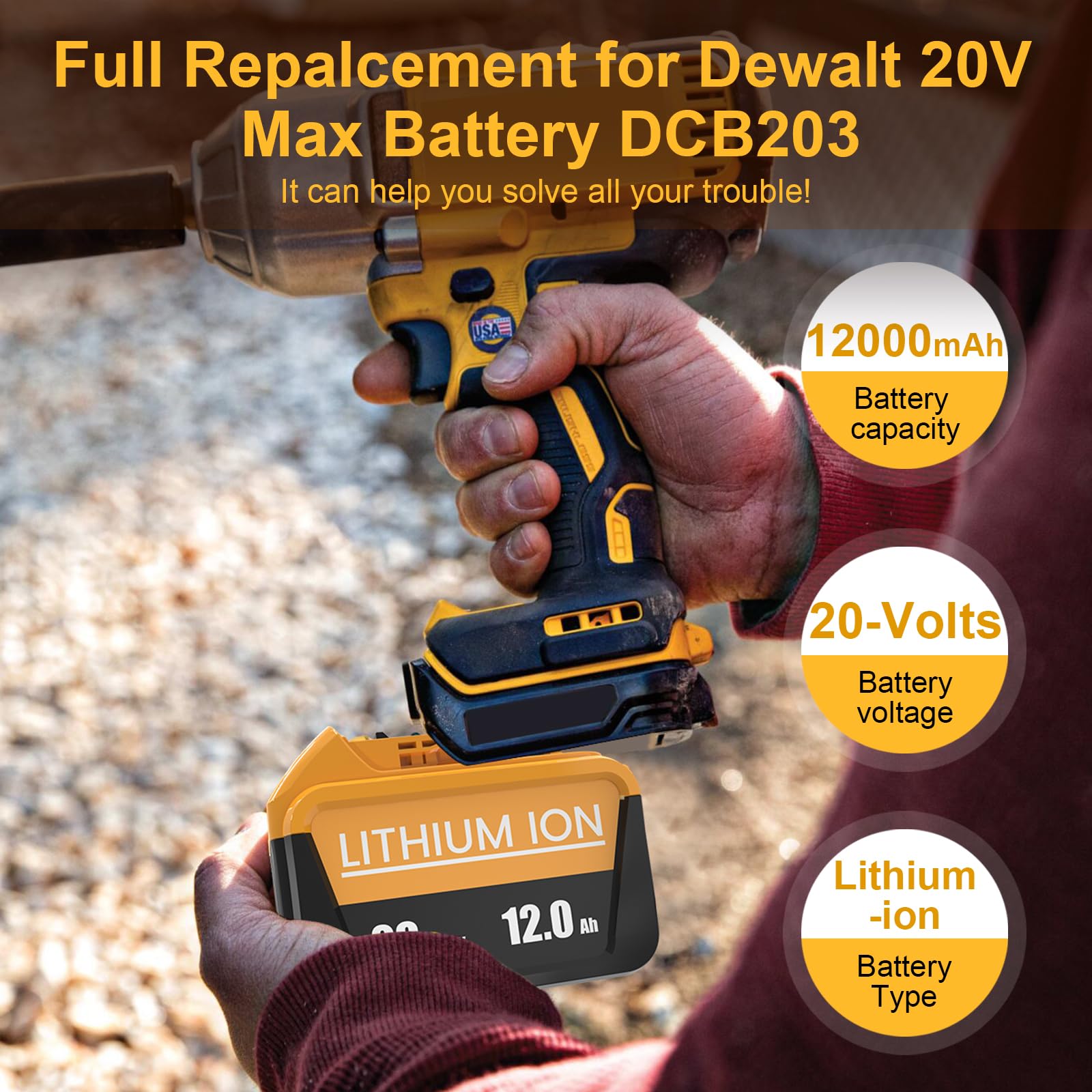 DCB210 Replacement for Dewalt 20V MAX XR Battery 12.0Ah Compatible with Dewalt 20V Lithium Ion Battery DCB205 DCB206 Compatible with Dewalt 20 Volt Battery DCD/DCF/DCG/DCS Series Cordless Power Tools