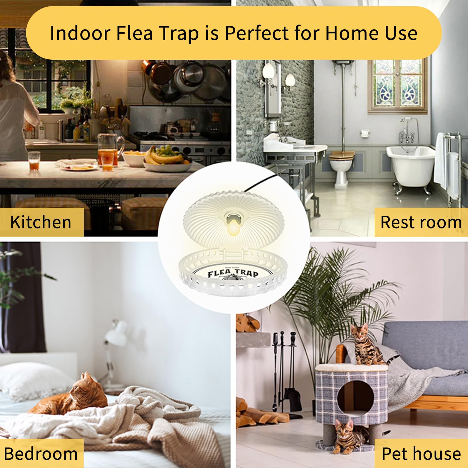 Flea Trap for Inside Your Home, Electric Flea Light, Refillable Flea Traps for Indoor with Refill Including Replacement Sticky Pads and Bulbs, Pet Safe, Pack of 2