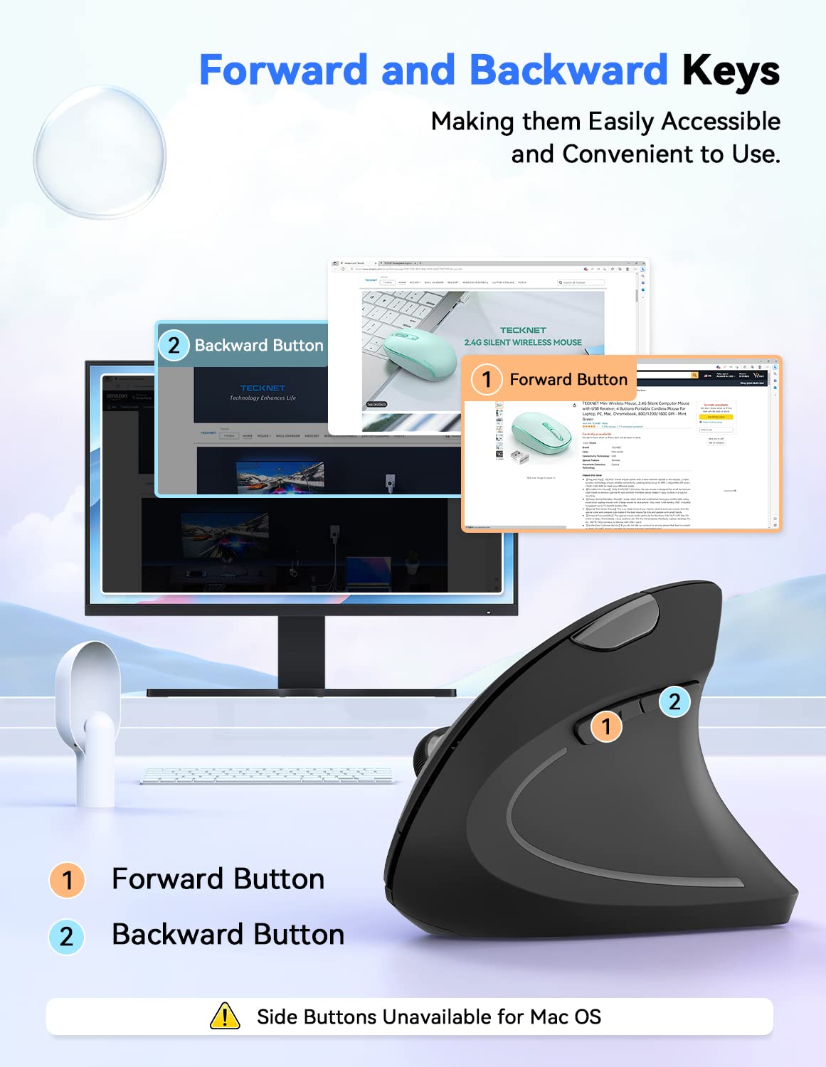 TECKNET Ergonomic Mouse, 4800 DPI Wireless Vertical Mouse with 5 Adjustable DPI Levels, 2.4GHz Optical Carpal Tunnel Mouse, 6 Buttons Wireless Mouse for Laptop, Desktop, PC, MacBook - Grey