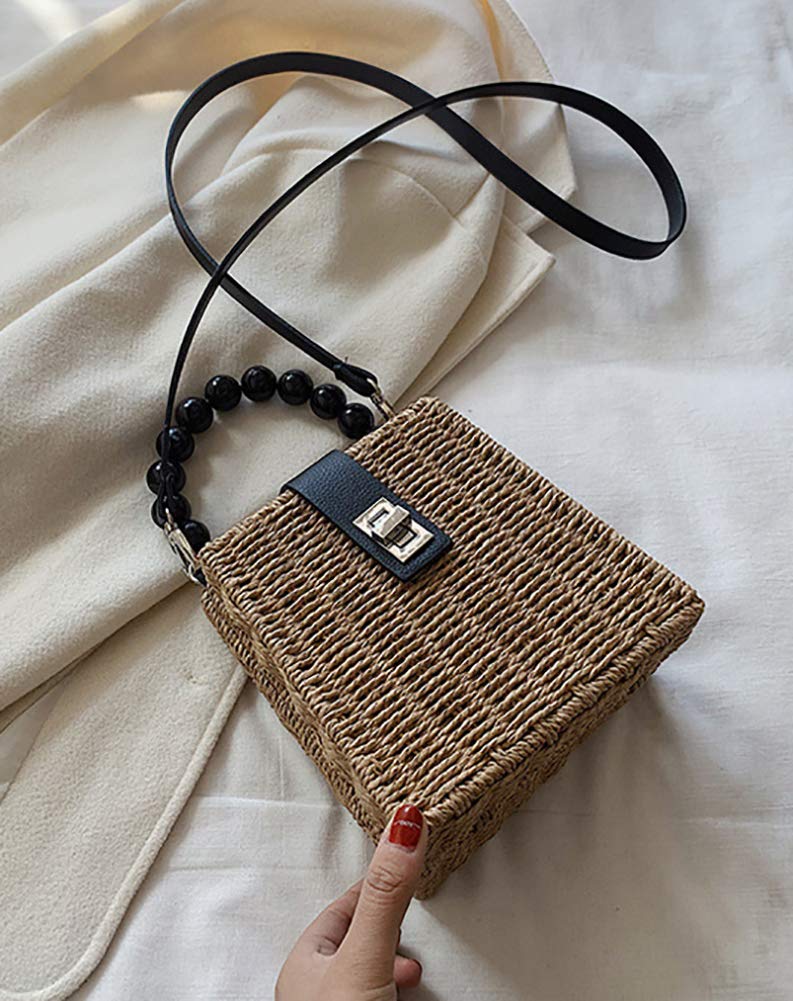 QZUnique Straw Bucket Bags for Women Top Handle Drawstring Woven Handbag Shoulder Bag Summer Beach Purses with Bamboo Handle
