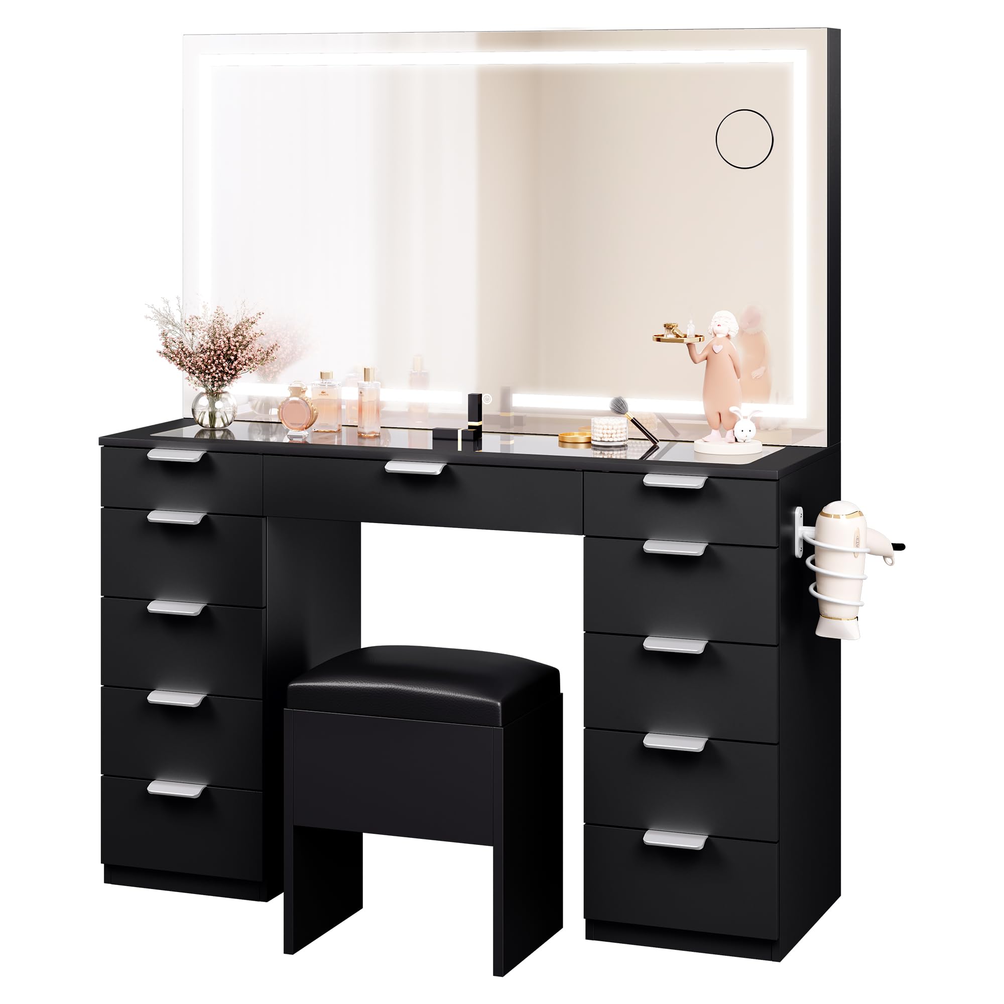 DWVO Wooden Makeup Vanity Set with LED Mirror, Charging Station, and 11 Drawers, Modern Makeup Desk with Glass Top, Storage Stool, and 3 Adjustable Lighting Modes