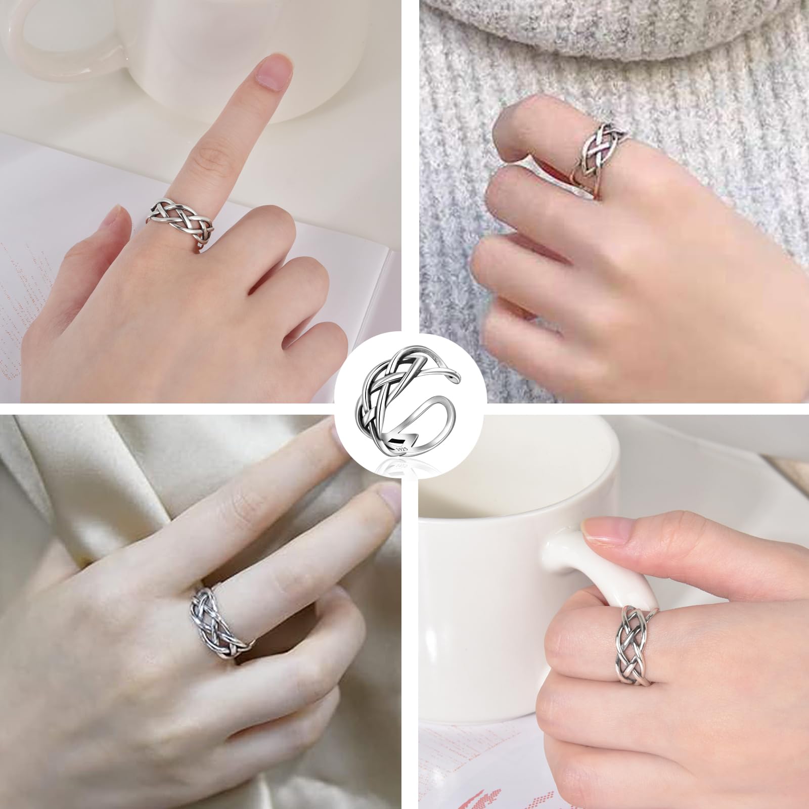 CANDYFANCY Celtic Knot Ring 925 Sterling Silver Open Middle Finger Knuckle Thumb Rings for Women Adjustable Size(Four line Twist)