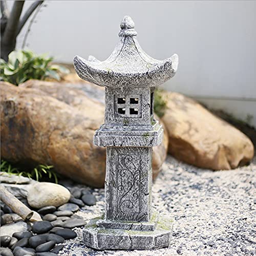 L-JTLYM Solar Lights Outdoor Garden Decor, LED Solar Powered Lighthouse, No Need to Connect, Pagoda Lantern Garden Statue, Hand-Carved, for Tabletop,Ground,Patio,Courtyard Decoration, Grey Finish