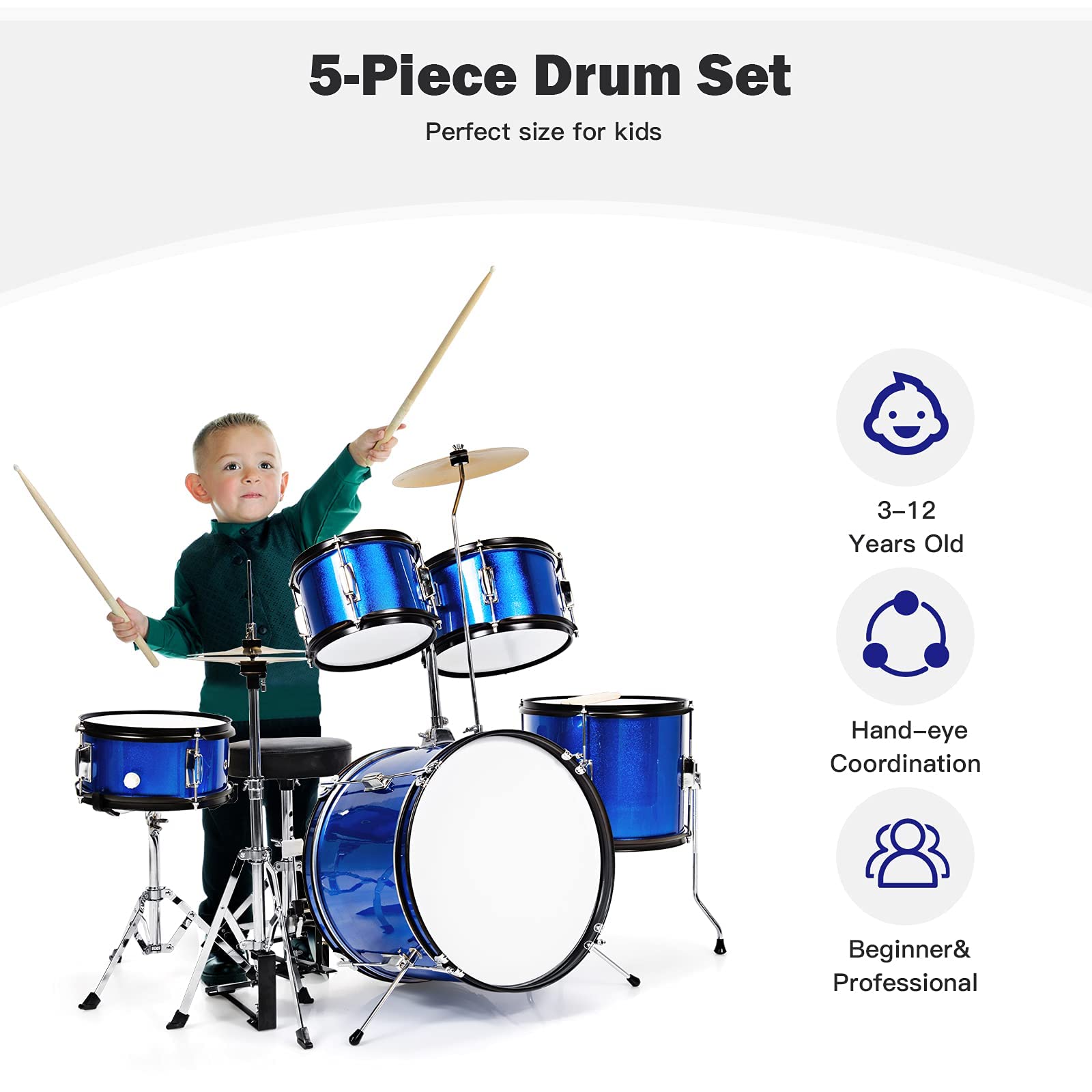 Costzon 16β Kids Drum Set, 5-Piece Full Size Complete Junior Drum Set with Adjustable Throne, Cymbal, Hi-Hat, Pedal & Drumsticks, Beginner Drum Kit with Bass Snare Tom Drum, Age 3-12, Blue