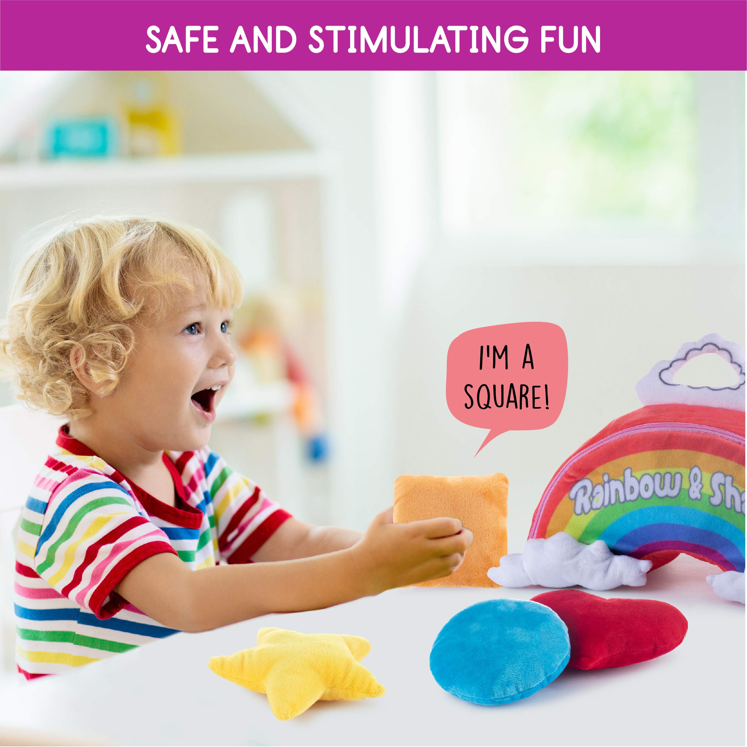 Talking Plush Rainbow & Shapes Toy Set | Includes 4 Talking Soft Shapes | Star, Heart, Circle, and Square with A Plush Rainbow Carrier | Great Gift for Baby and Toddler Girls or Boys