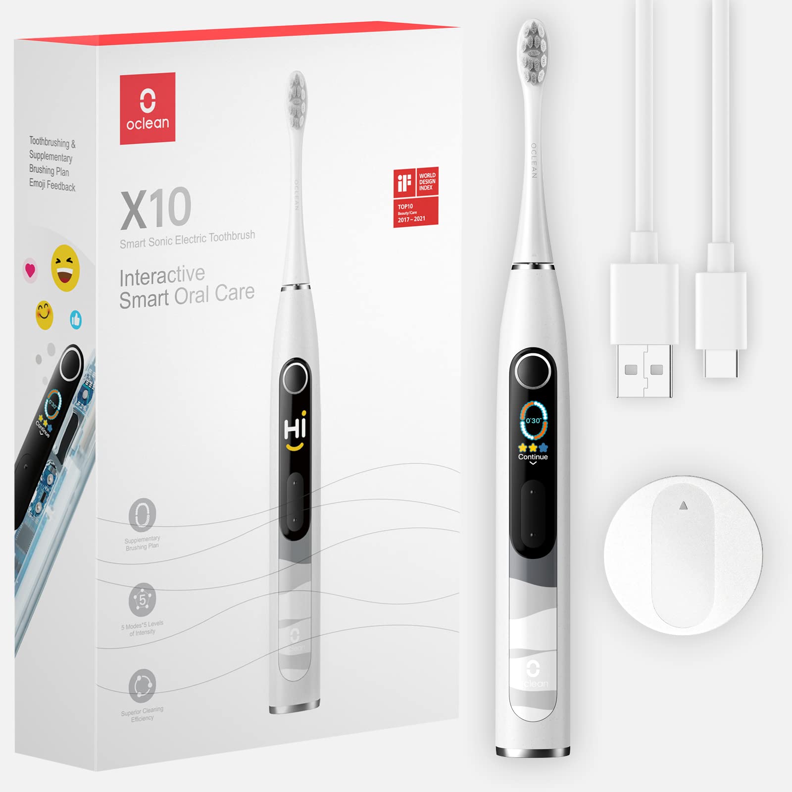 Oclean Smart Sonic Electric Toothbrush, X10 Rechargeable Toothbrush with Color Screen, 5-Mode&5-Intensity, 40000rpm Maglev Motor, Visualized/Emoji Feedback Power Toothbrush/Smart Timer (Gray)