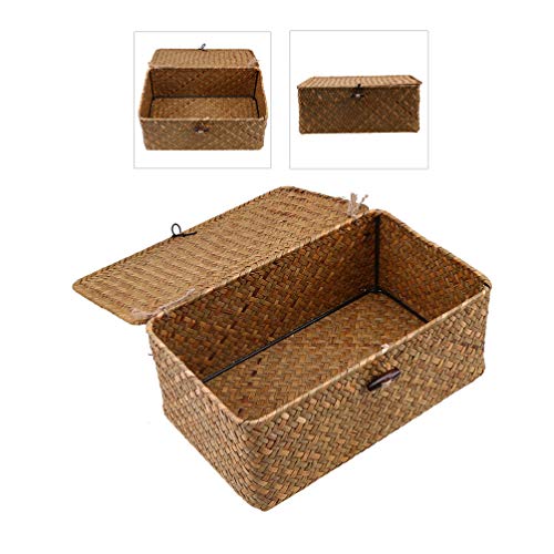 FOMIYES Seagrass Storage Baskets with Lid:Natural Wicker Baskets Woven Rectangular Basket Bins for Household Organizer Boxes Shelf Wardrobe Organizer- Size L